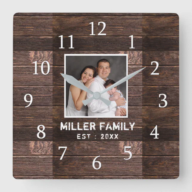 Personalized Photo Brown Wood Family Name Square Wall Clock | Zazzle
