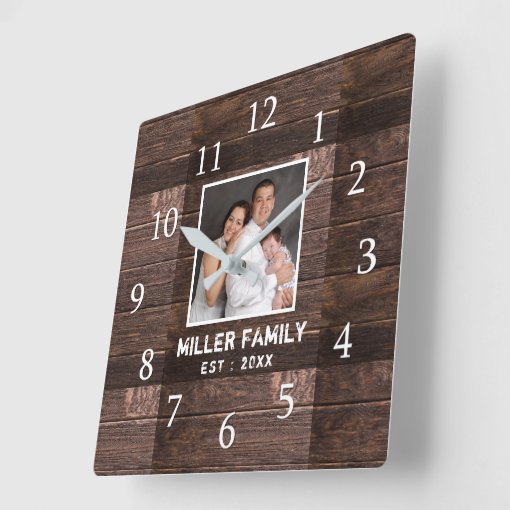 Personalized Photo Brown Wood Family Name Square Wall Clock | Zazzle
