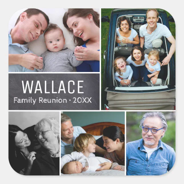 Personalized, photo collage, family reunion square sticker | Zazzle
