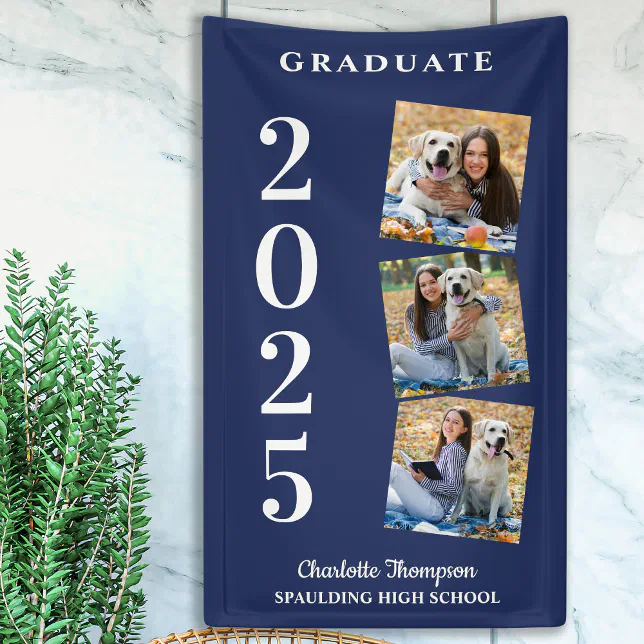 Personalized Photo Collage Navy Blue Graduation Banner | Zazzle
