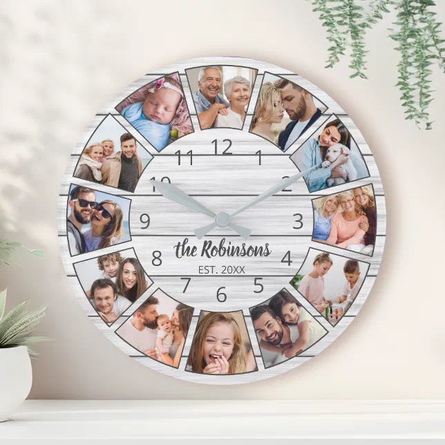 Personalized Photo Collage White Wood Family Round Clock | Zazzle