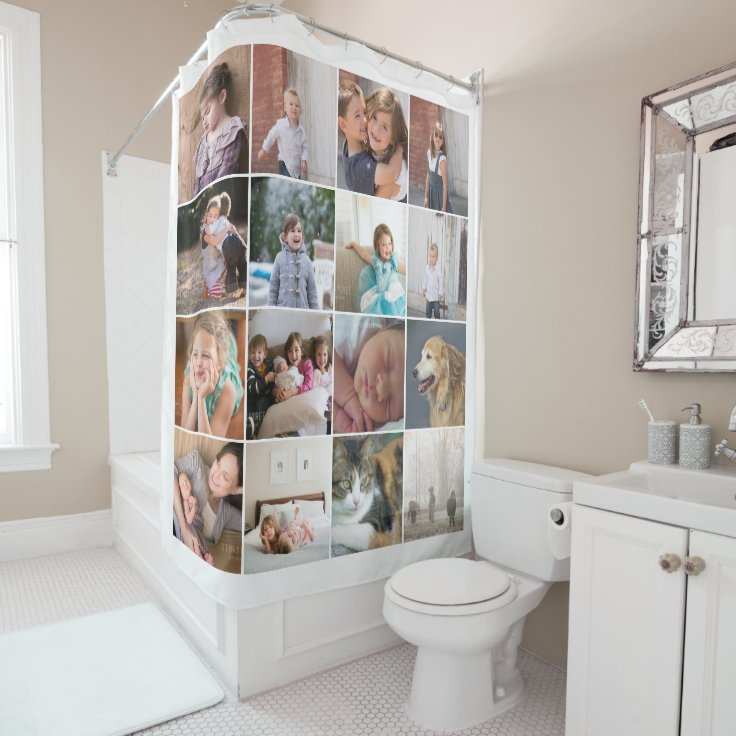 Personalized photo collage with sixteen photos shower curtain | Zazzle