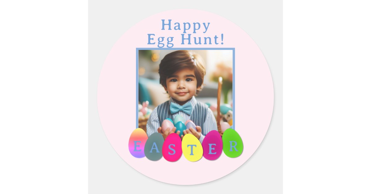 Personalized Photo Color Egg Hunt Easter Pink Blue Classic Round ...