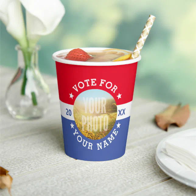 PERSONALIZED PHOTO Election Red White Blue Paper Cups | Zazzle
