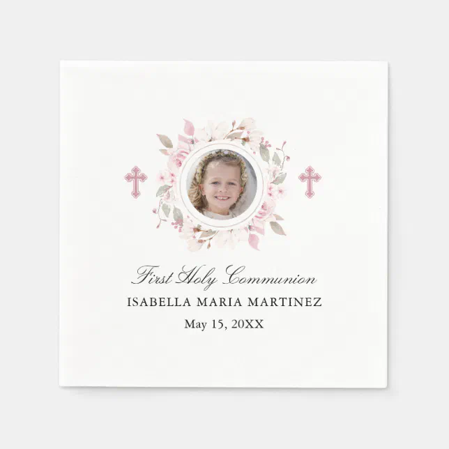 Personalized Photo First Communion Pink Floral Napkins | Zazzle