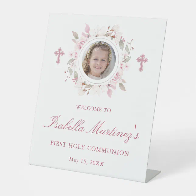 Personalized Photo First Communion Pink Floral Pedestal Sign | Zazzle