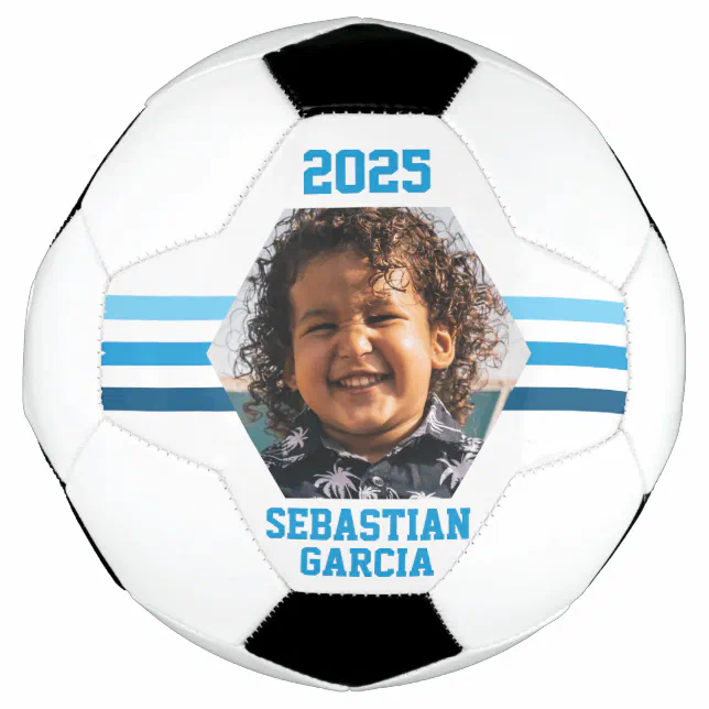 Personalized Photo Keepsake Multi Blue Stripes Soccer Ball | Zazzle