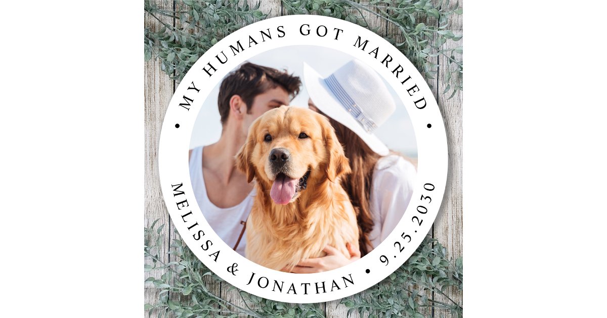 Personalized Photo Pet Dog Just Married Wedding Classic Round Sticker ...