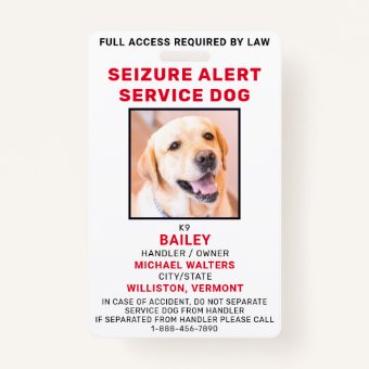 Personalized Photo Seizure Alert Service Dog Badge | Zazzle