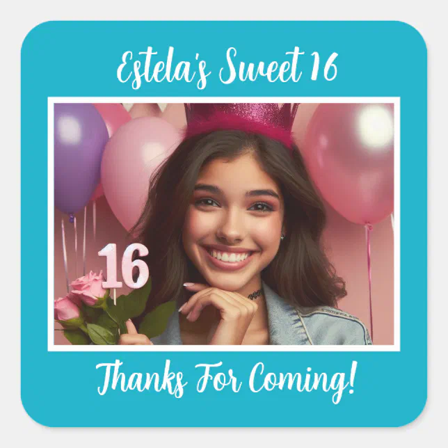 Personalized Photo Sweet 16th Birthday Thank You Square Sticker | Zazzle