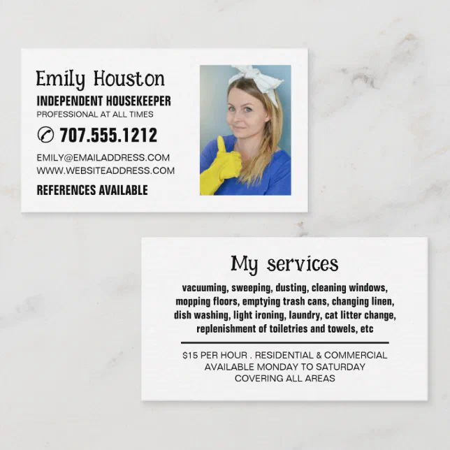 Personalized Photograph, Housekeeper, Maid Business Card | Zazzle