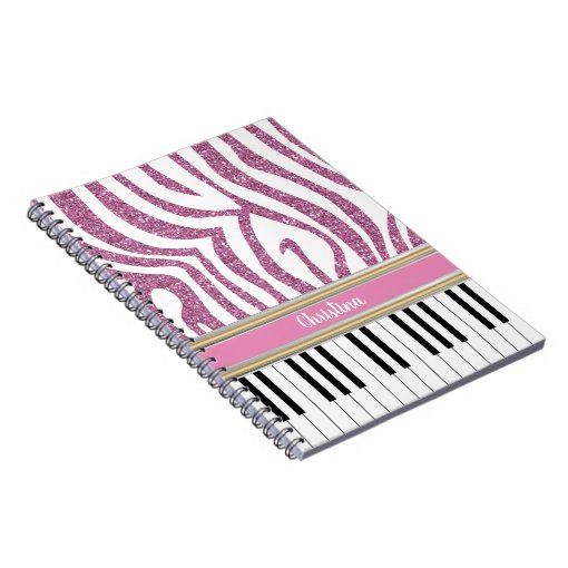 Personalized Piano Keys Pink Glitter Zebra Print Notebook | Zazzle