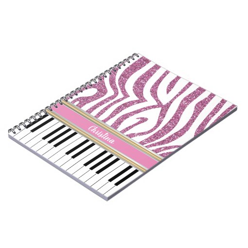 Personalized Piano Keys Pink Glitter Zebra Print Notebook | Zazzle