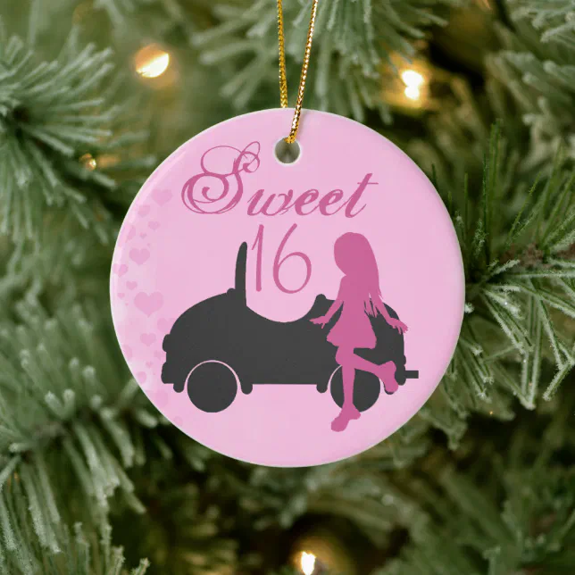 Personalized Pink and Black Car Sweet 16 Sixteen Ceramic Ornament | Zazzle