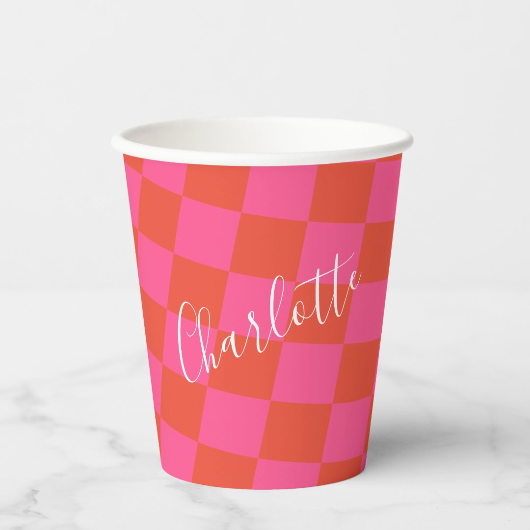 Personalized Pink and Orange Checkerboard Pattern Paper Cups | Zazzle