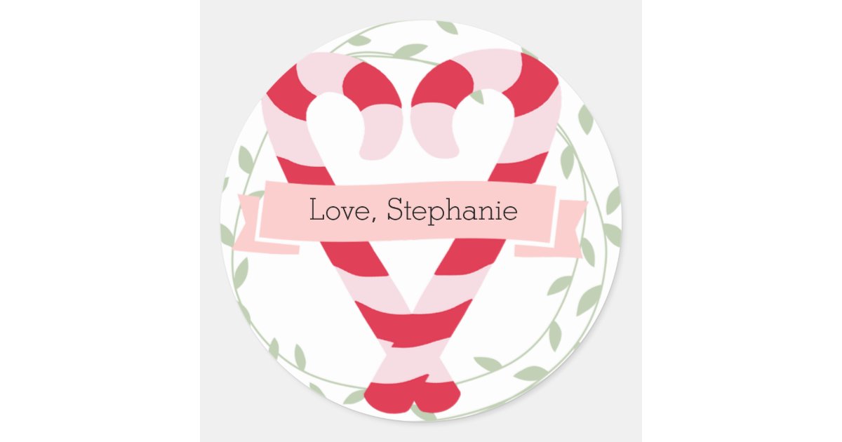 Personalized Pink and Red Candy Cane Classic Round Sticker | Zazzle
