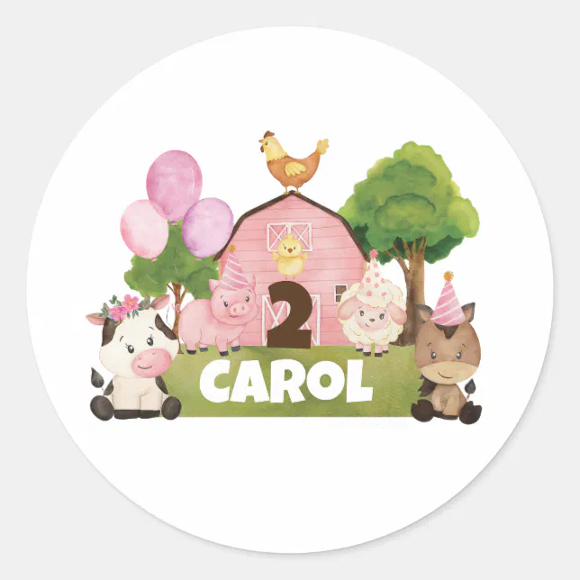 Personalized Pink Barnyard Birthday Classic Round Sticker | Zazzle