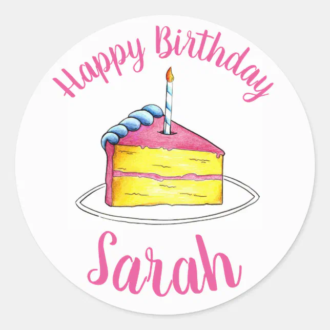 Personalized Pink Birthday Party Cake Slice Candle Classic Round ...