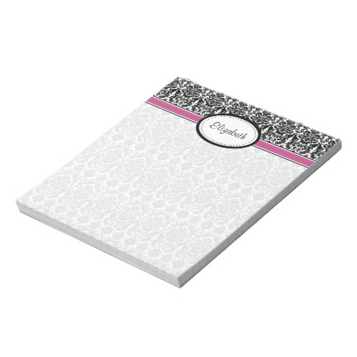 Personalized Pink, Black, White Floral Damask Notepad | Zazzle