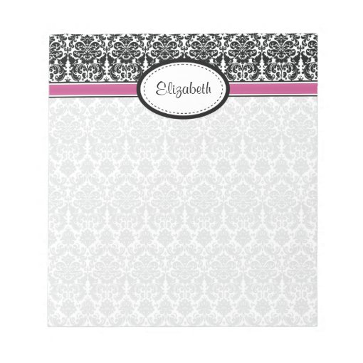 Personalized Pink, Black, White Floral Damask Notepad | Zazzle