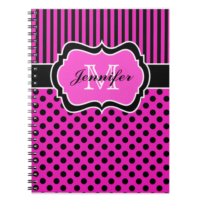Personalized Pink Black White Striped Polka Dots Notebook | Zazzle