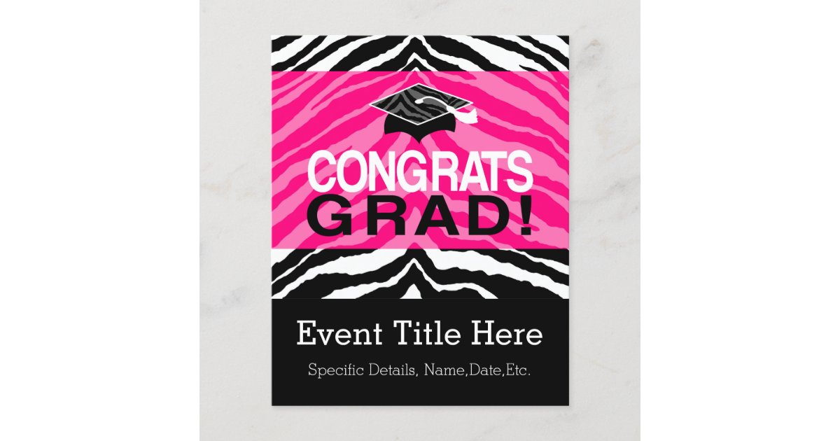 Personalized Pink Black Zebra Graduation Party Flyer | Zazzle