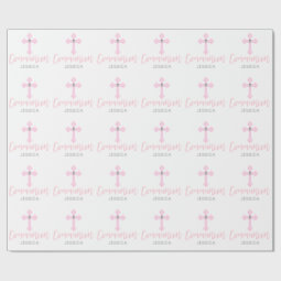 Personalized Pink Cross Girl First Holy Communion Wrapping Paper | Zazzle