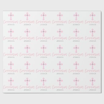 Personalized Pink Cross Girl First Holy Communion Wrapping Paper | Zazzle