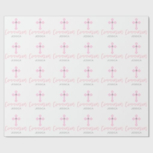Personalized Pink Cross Girl First Holy Communion Wrapping Paper | Zazzle