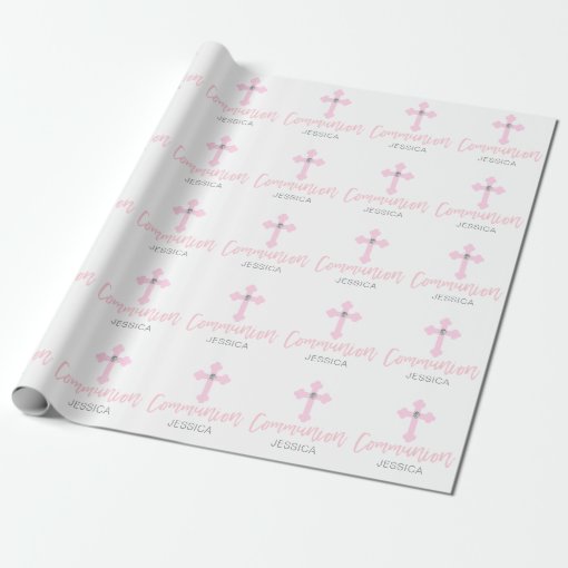 Personalized Pink Cross Girl First Holy Communion Wrapping Paper | Zazzle