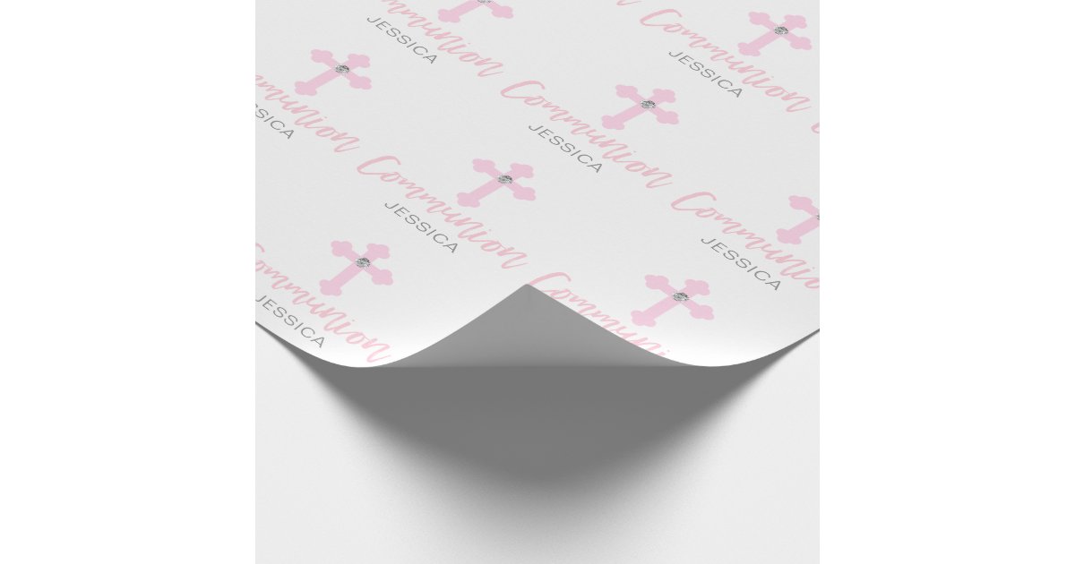 Personalized Pink Cross Girl First Holy Communion Wrapping Paper | Zazzle