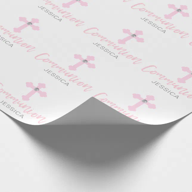 Personalized Pink Cross Girl First Holy Communion Wrapping Paper | Zazzle