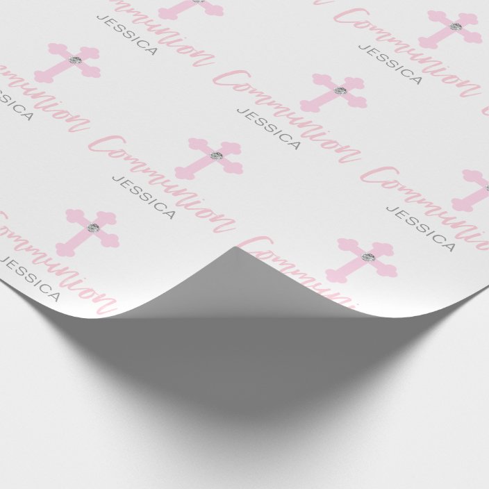 Personalized Pink Cross Girl First Holy Communion Wrapping Paper ...