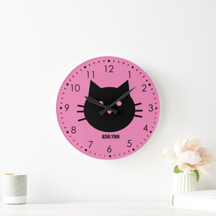 Personalized Pink Cute Cat Large Clock | Zazzle