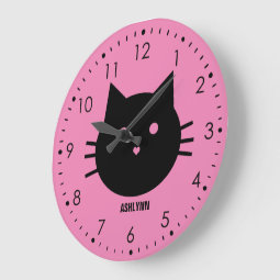 Personalized Pink Cute Cat Large Clock | Zazzle