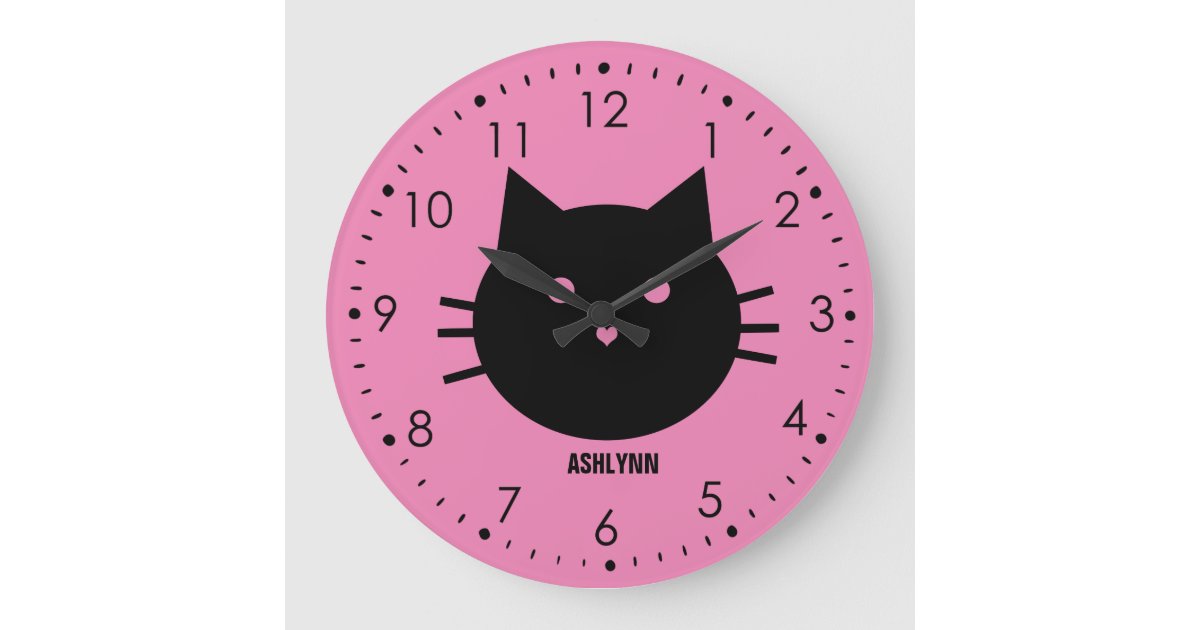 Personalized Pink Cute Cat Large Clock | Zazzle