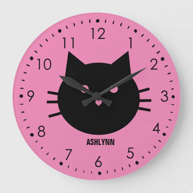 Personalized Pink Cute Cat Large Clock | Zazzle