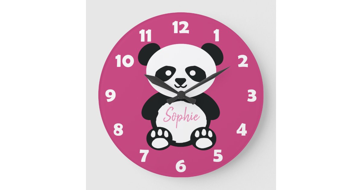 Personalized Pink Cute Panda Bear Kids Kawaii Large Clock | Zazzle