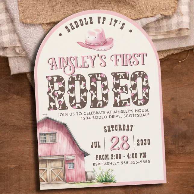 Personalized Pink First Rodeo Pink Arched Birthday Invitation | Zazzle