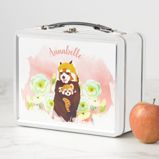 Personalized Pink Floral Red Panda Lunch Box | Zazzle