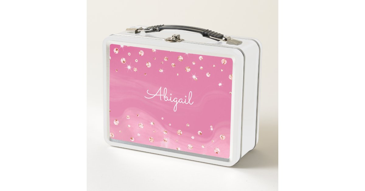 Personalized Pink Glitter Girly Metal Lunch Box | Zazzle