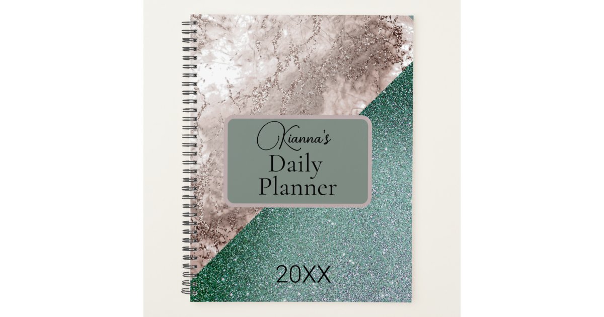Personalized Pink Marble Minty Green Glitter Planner | Zazzle