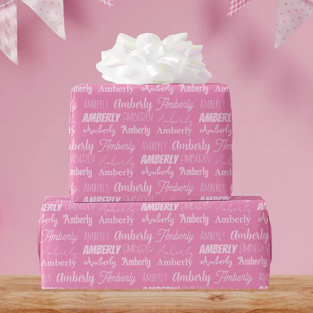 Personalized Pink Name Cute Fonts Collage Birthday Wrapping Paper | Zazzle