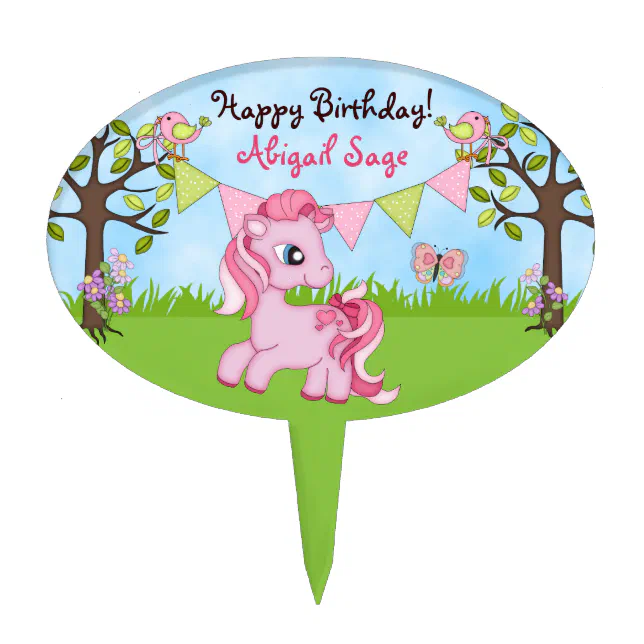 Personalized Pink Pony Happy Birthday Cake Topper | Zazzle