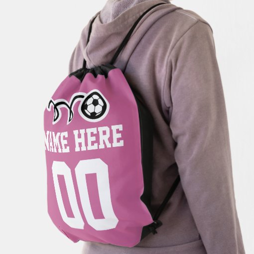 Personalized pink soccer drawstring backpack bag | Zazzle