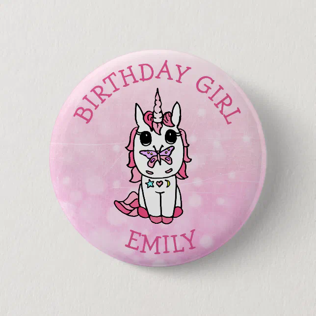 Personalized Pink Unicorn Birthday Girl Button | Zazzle