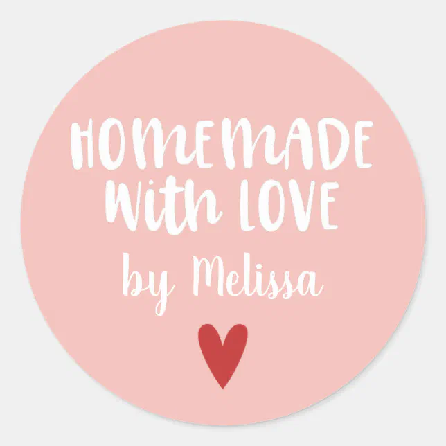 Personalized Pink White Homemade With Love Classic Round Sticker | Zazzle