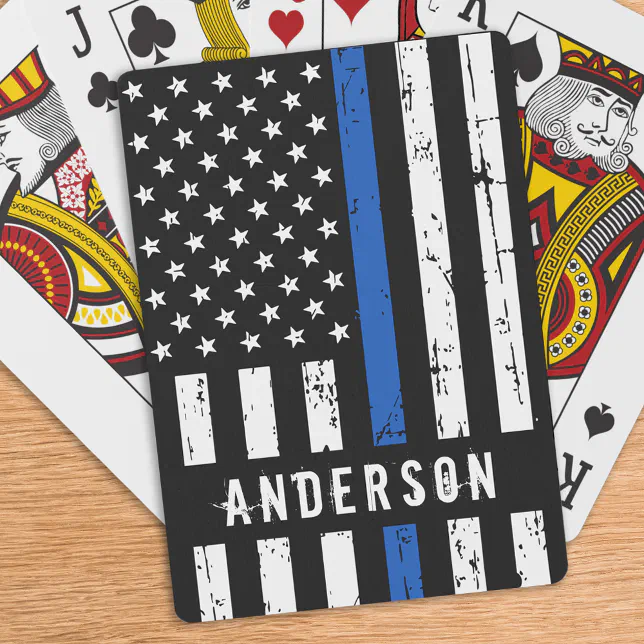 Personalized Police Flag Thin Blue Line Poker Cards | Zazzle
