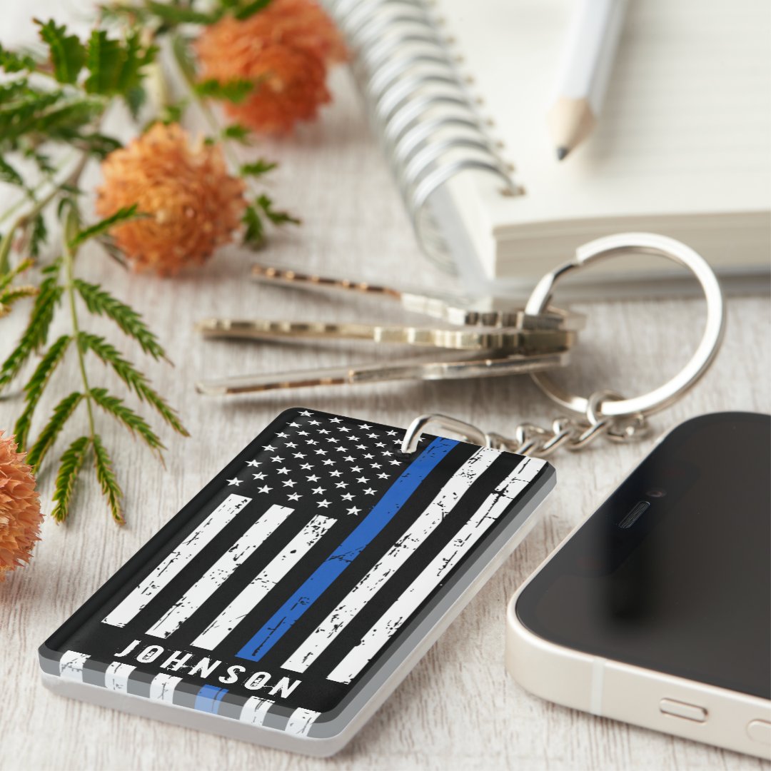 Personalized Police Officer Thin Blue Line Keychain | Zazzle
