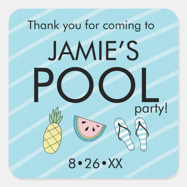 Personalized Pool birthday party summer icons Square Sticker | Zazzle